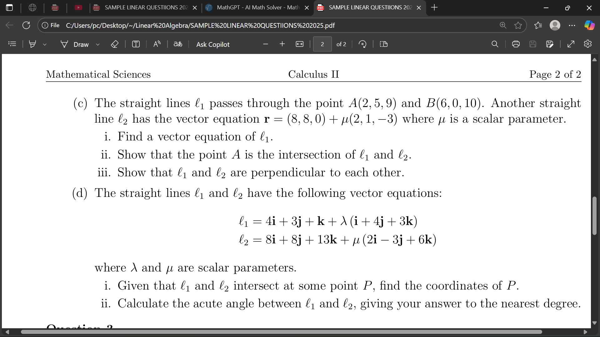 (c) The straight lines l₁ passes through the | StudyX