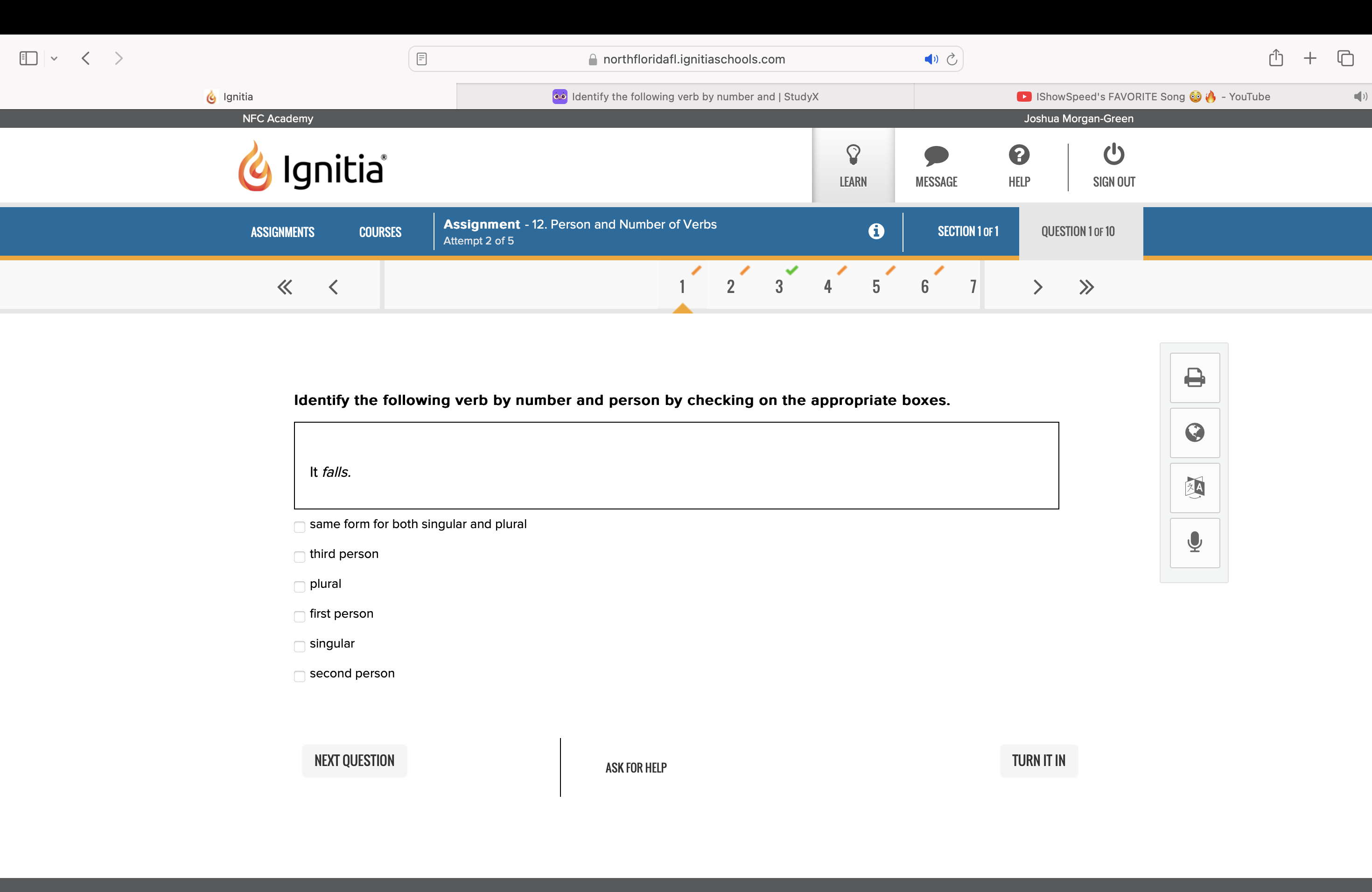 Identify the following verb by number and | StudyX