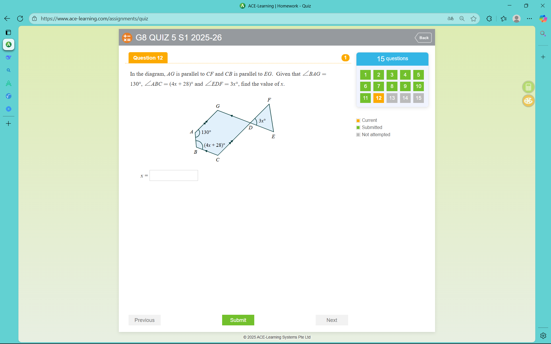 In the diagram, $AG$ is parallel to $CF$ and | StudyX