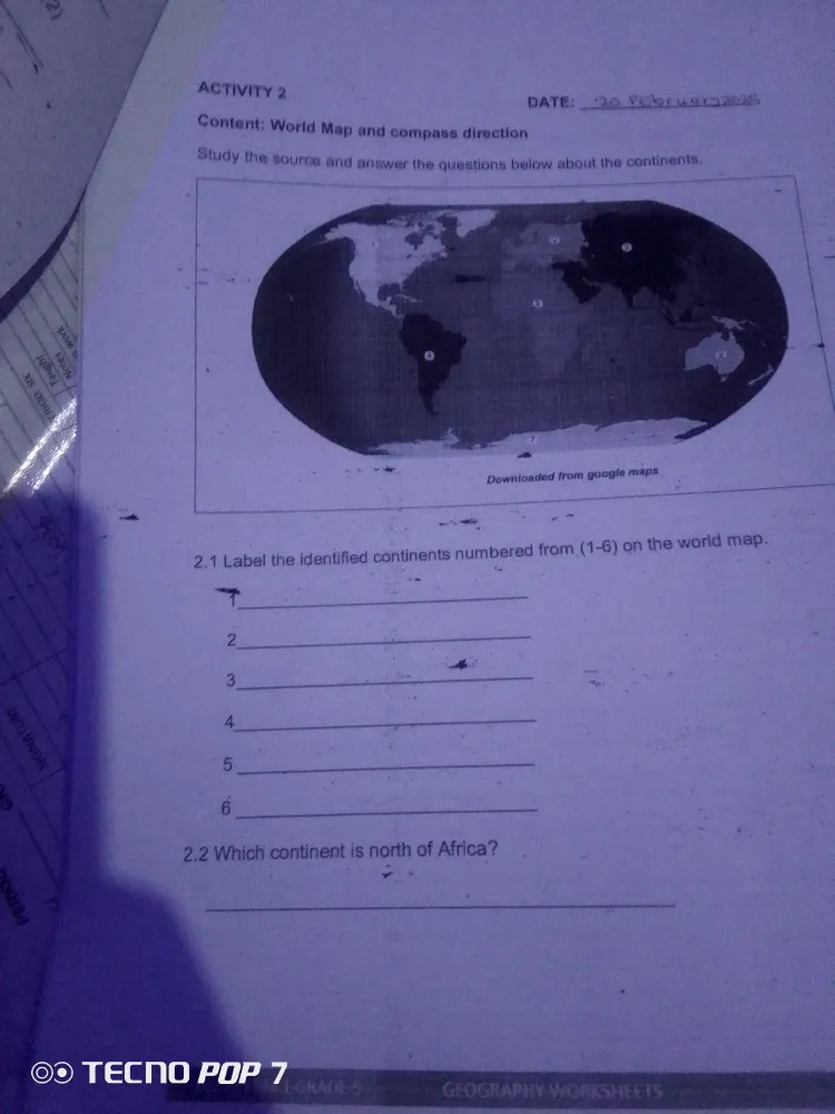 2.1 Label the identified continents numbered | StudyX