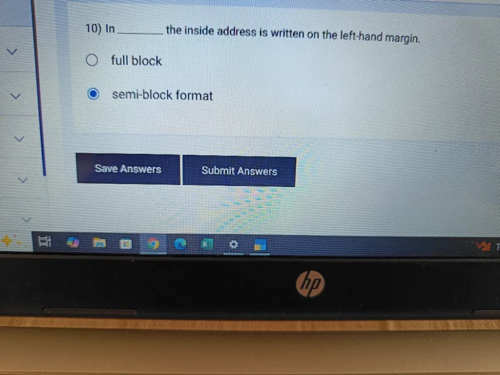 10) In ____ the inside address is written on | StudyX