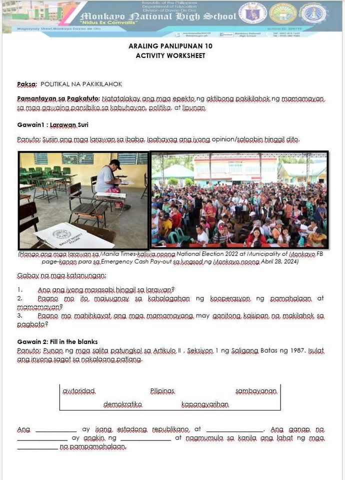 ARALING PANLIPUNAN 10 ACTIVITY WORKSHEET | StudyX