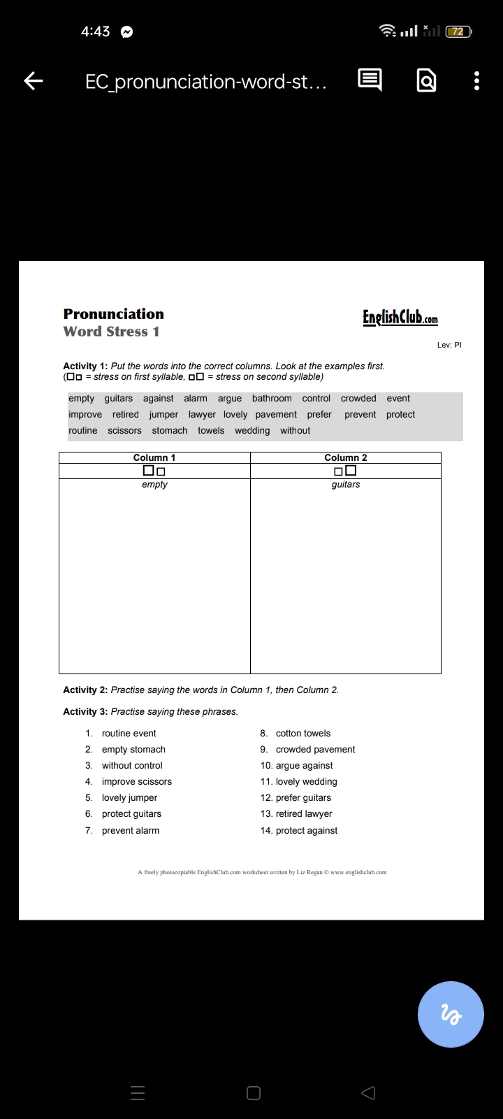 Pronunciation Word Stress 1 Activity 1 Put | StudyX