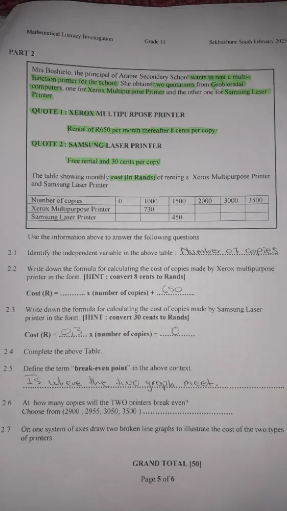 Mathematical Literacy Investigation Grade 11 | StudyX