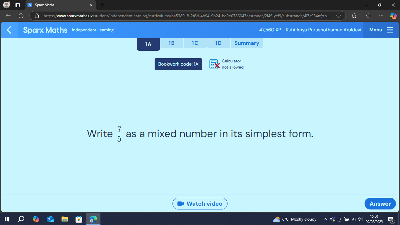 Write 75 as a mixed number in its simplest | StudyX