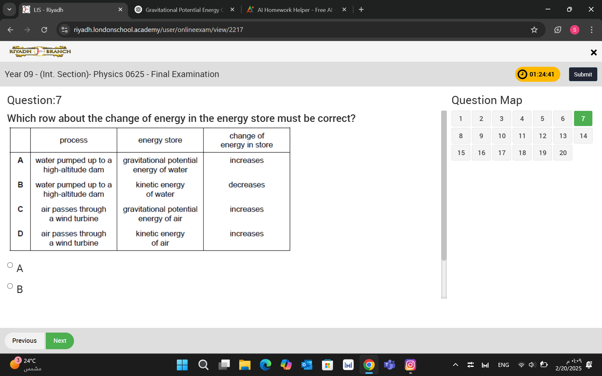 Which row about the change of energy in the | StudyX