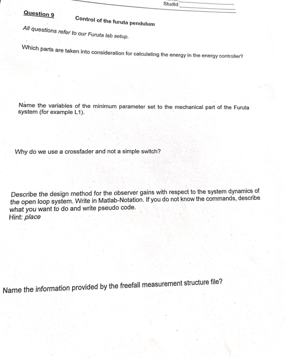 Question 9 Control of the furuta pendulum | StudyX