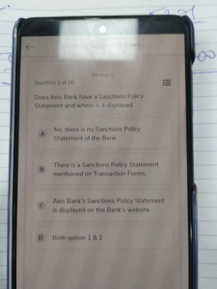 Question 1 of 10 Does Axis Bank have a | StudyX