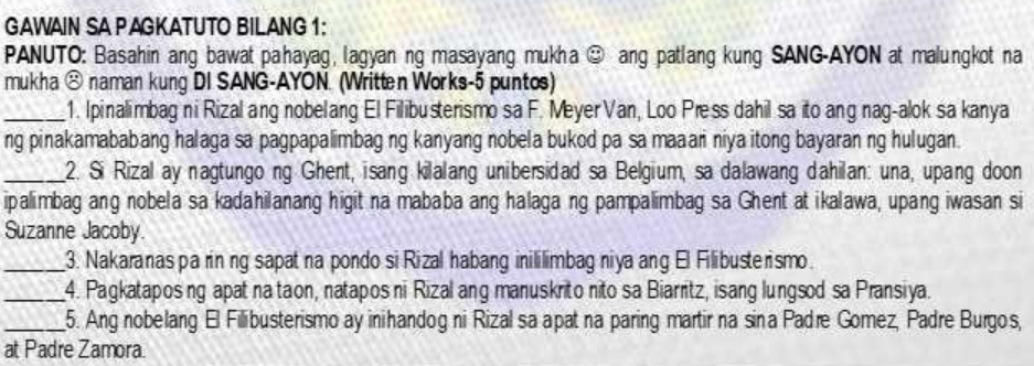 GAWAIN SA PAGKATUTO BILANG 1: PANUTO: | StudyX