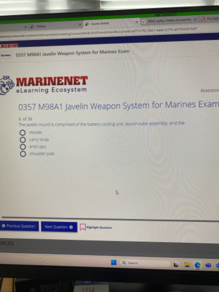 0357 M98A1 Javelin Weapon System for Marines | StudyX