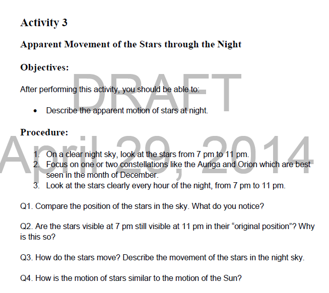 Activity 3 Apparent Movement of the Stars | StudyX