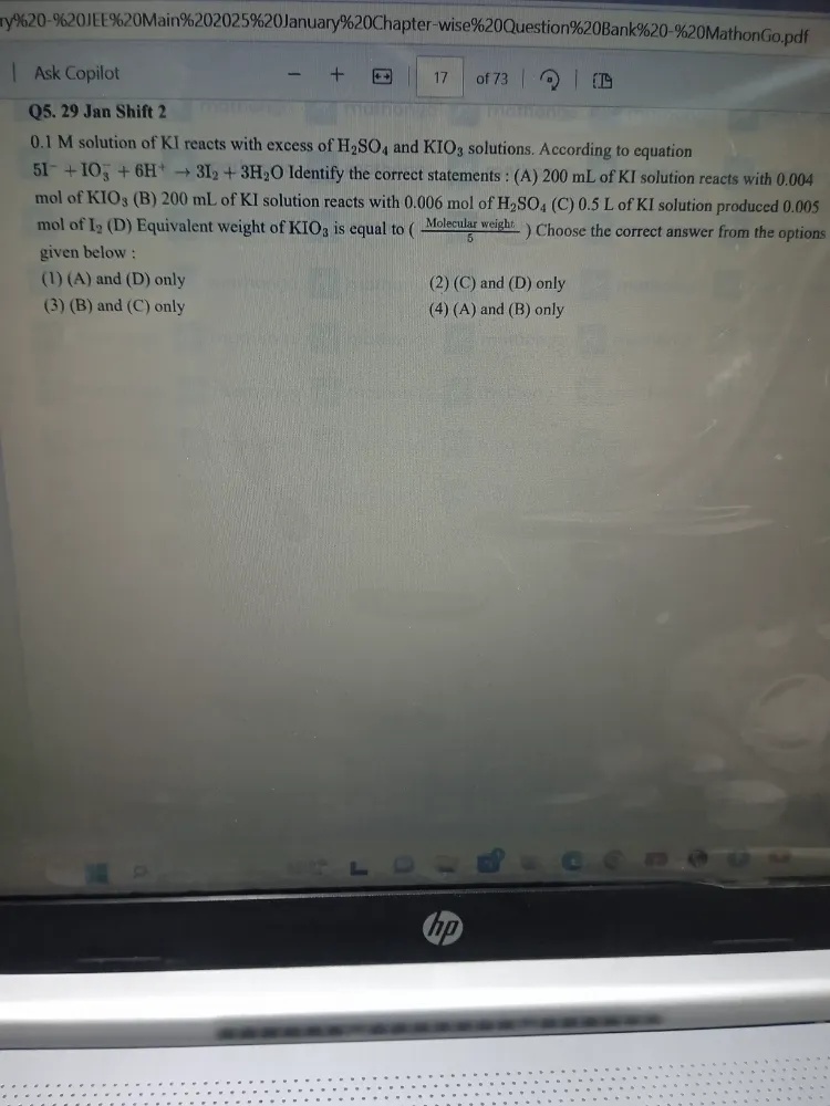 01 M solution of KI reacts with excess of