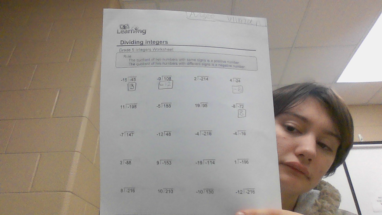 Dividing integers Grade 5 integers Worksheet | StudyX