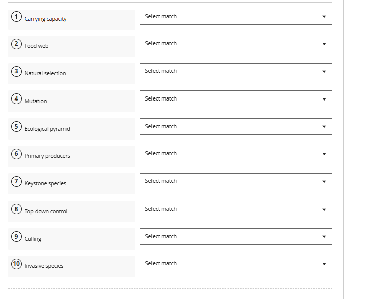 1 Carrying capacity Select match 2 Food web | StudyX