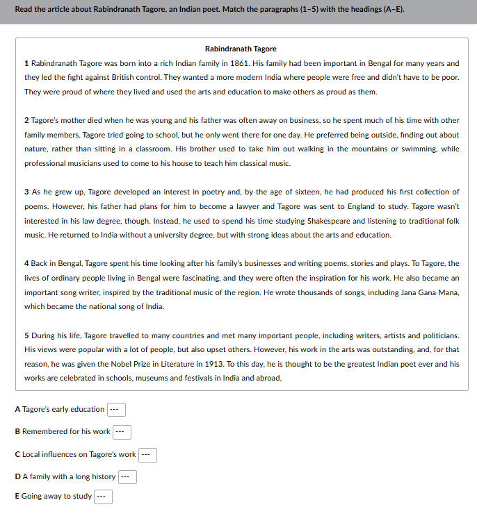 Rabindranath Tagore: Matching Paragraphs to | StudyX