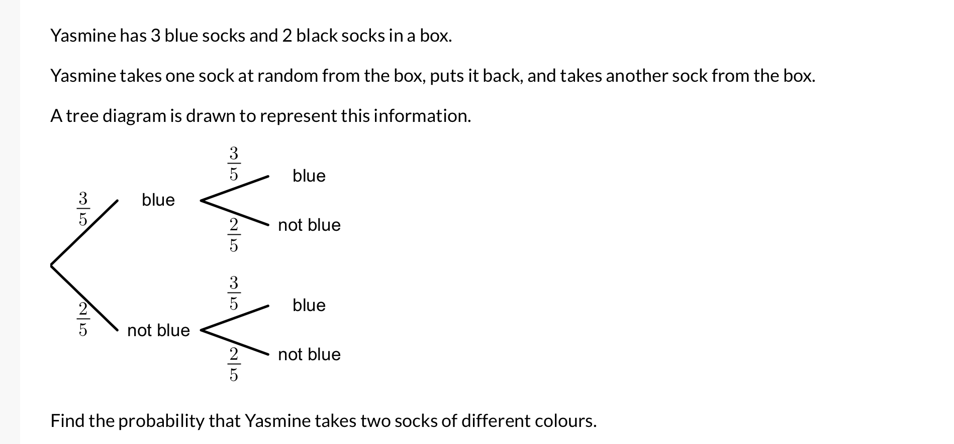 Yasmine has 3 blue socks and 2 black socks
