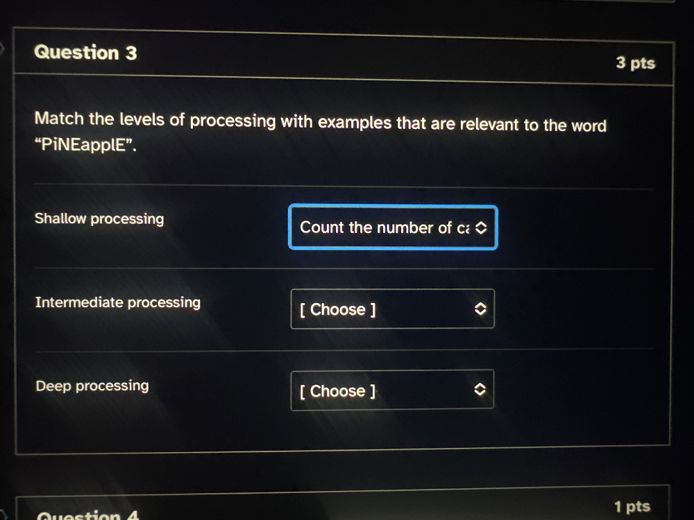 Match the levels of processing with examples | StudyX
