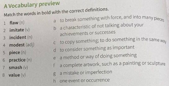 A Vocabulary preview Match the words in bold