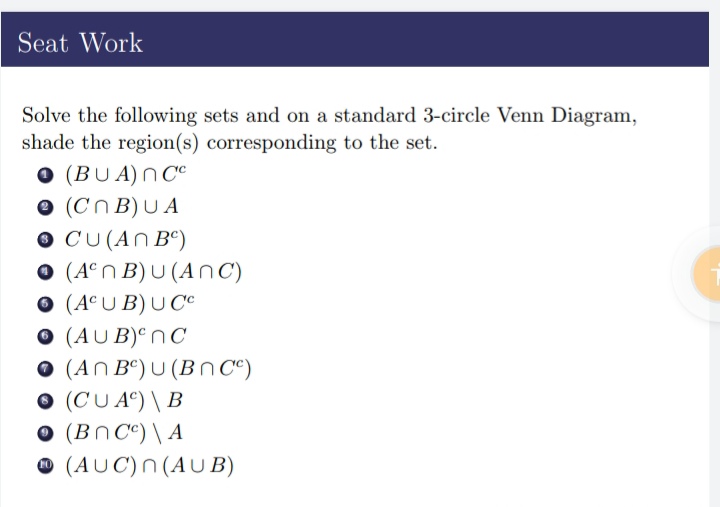 Solve the following sets and on a standard | StudyX