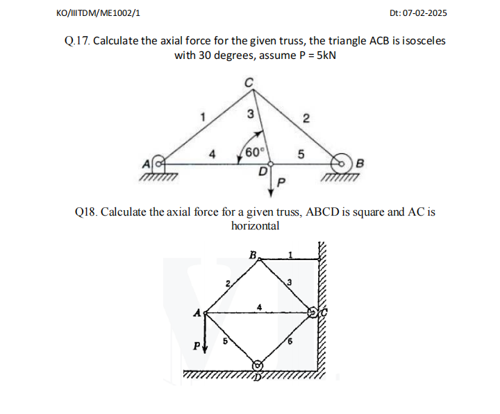 Q.17. Calculate the axial force for the | StudyX