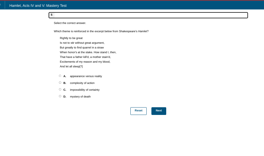 Hamlet Acts IV and V Mastery Test 5 Select | StudyX
