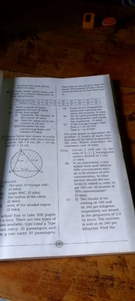 The table below shows mass and volume of a
