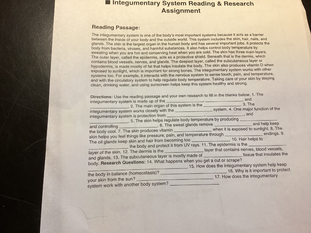 Integumentary System Reading Research | StudyX
