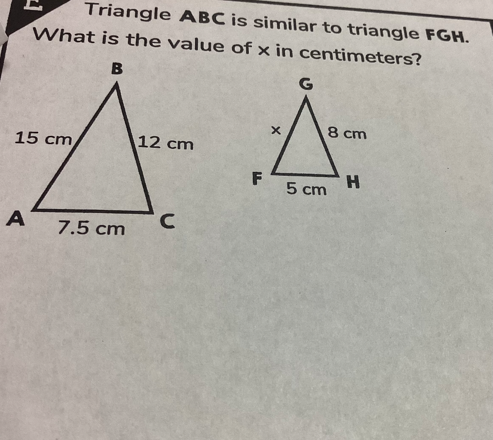 Triangle ABC is similar to triangle FGH. | StudyX