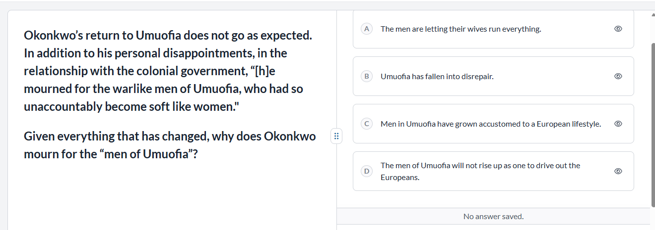 Okonkwo's return to Umuofia does not go as | StudyX