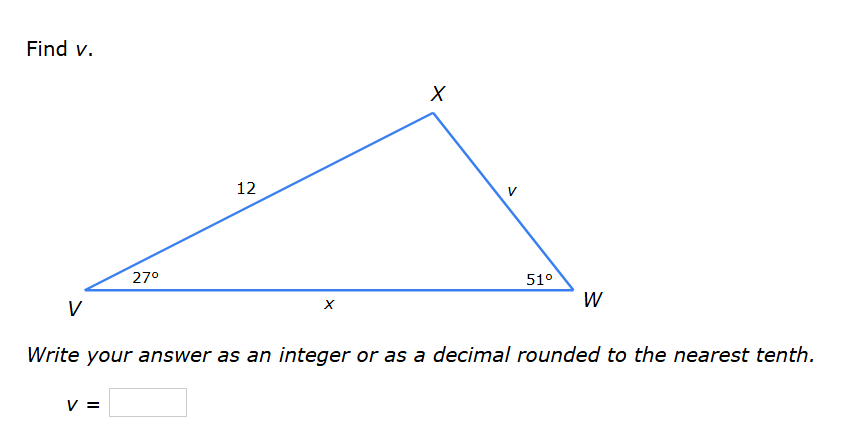 Find $v$. *Diagram shows a triangle $VXW$ | StudyX
