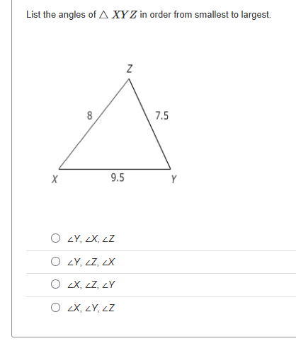 List the angles of $ XYZ$ in order from | StudyX