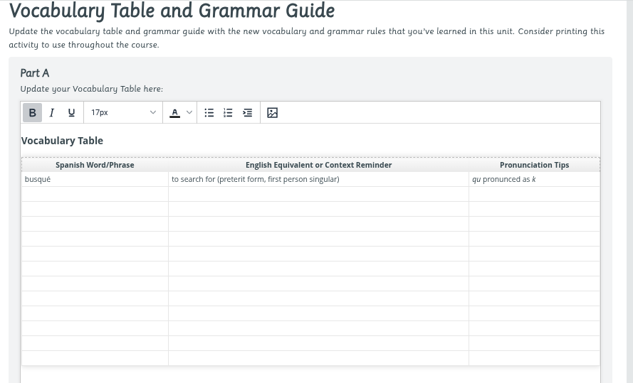 Update the vocabulary table and grammar