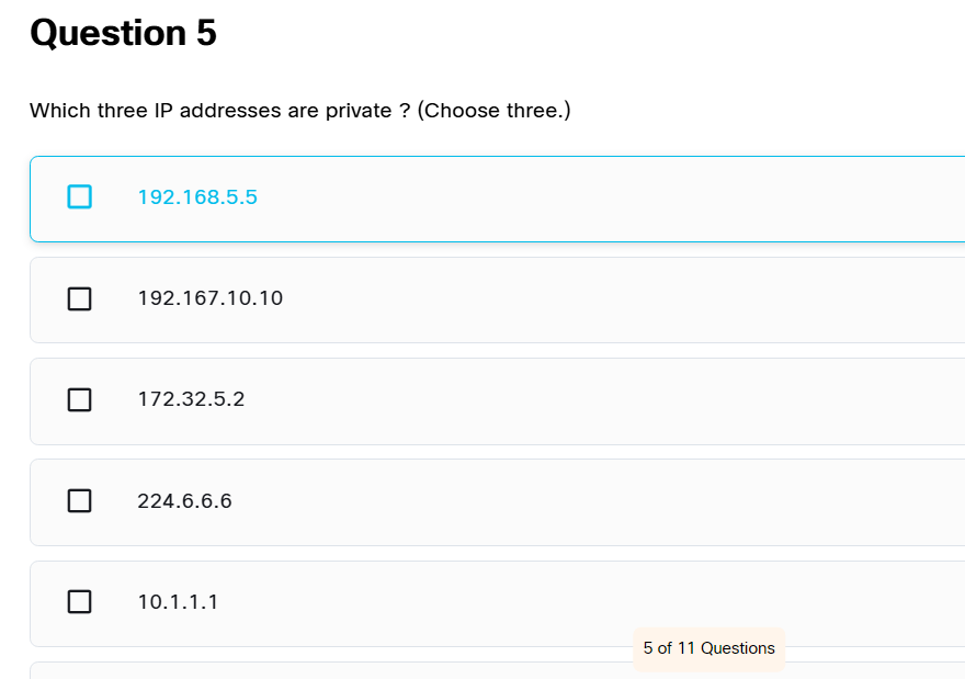 Which three IP addresses are private? | StudyX