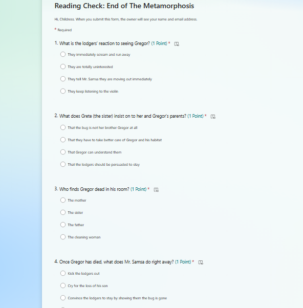Reading Check: End of The Metamorphosis Hi, | StudyX