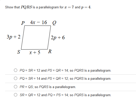 Show that $PQRS$ is a parallelogram for $x = | StudyX