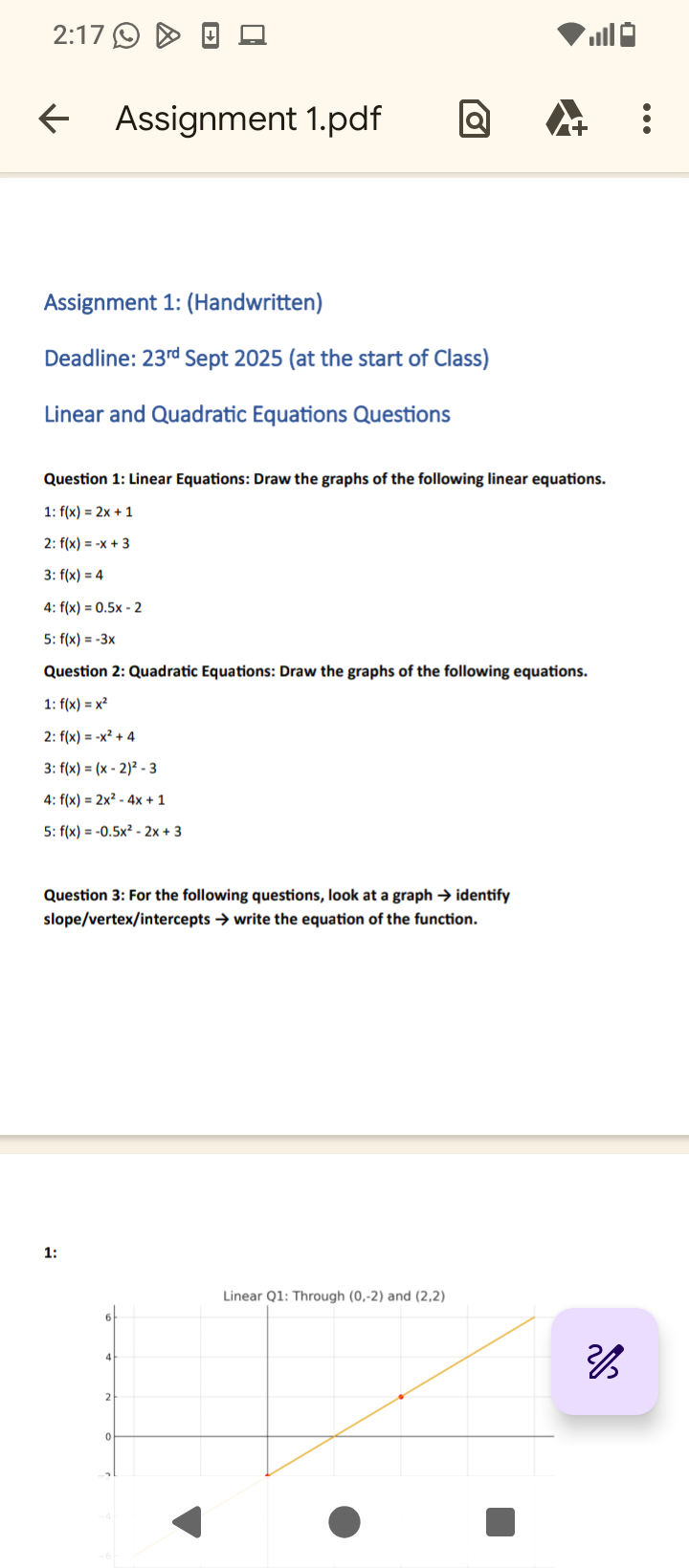 Question 1: Linear Equations: Draw the | StudyX