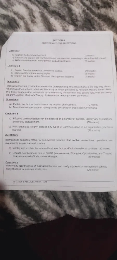 SECTION A ANSWER ANY FIVE QUESTIONS Question | StudyX