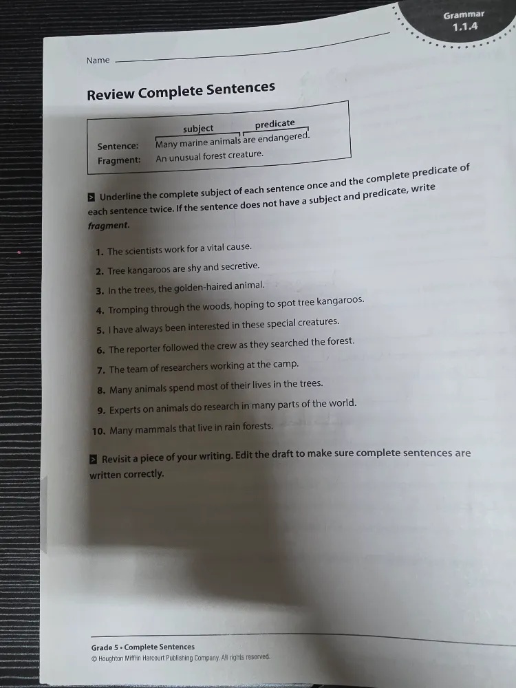 Name Review Complete Sentences subject | StudyX