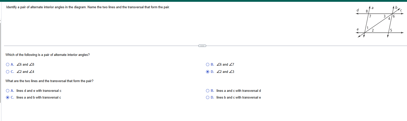 Identify a pair of alternate interior angles | StudyX
