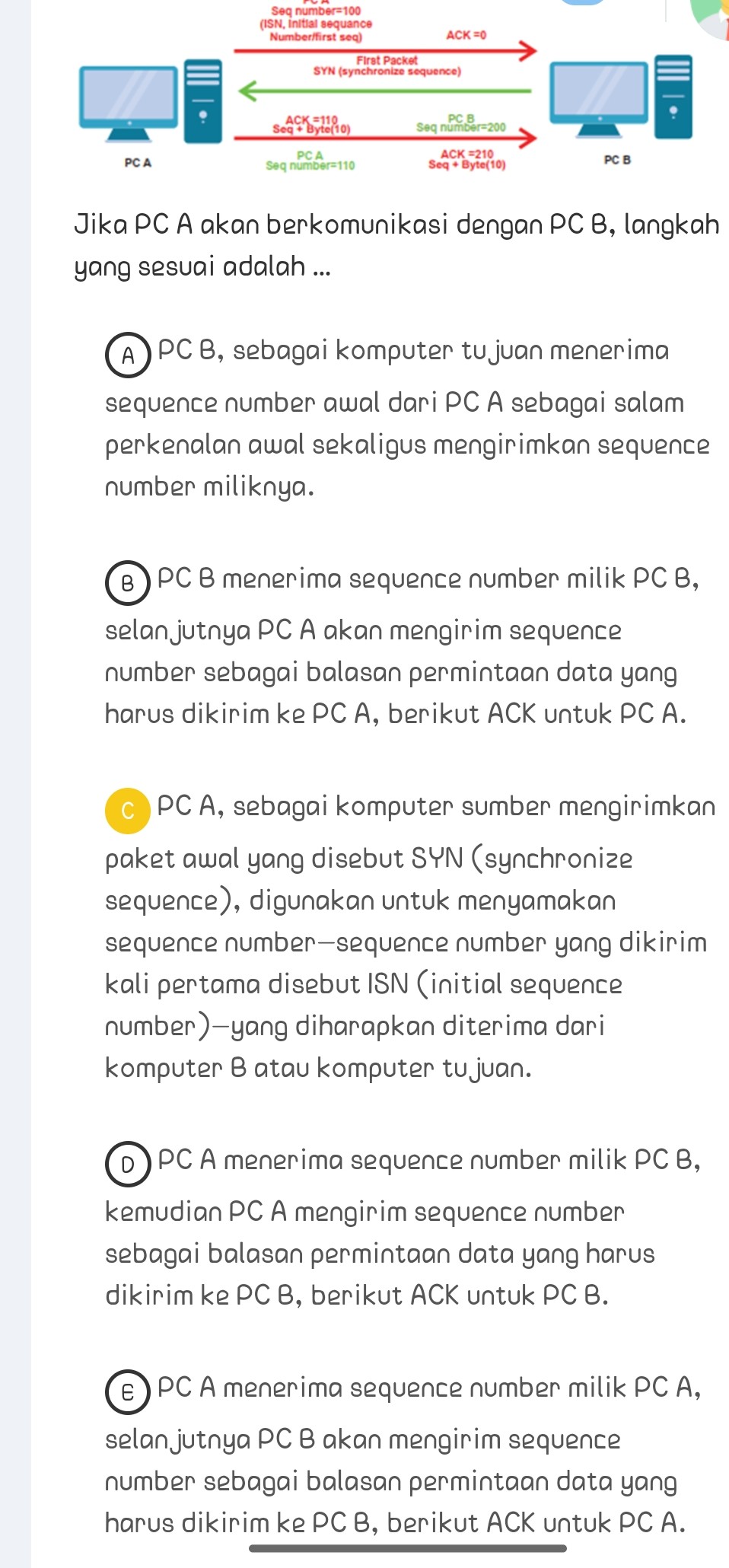 Jika PC A akan berkomunikasi dengan PC B, | StudyX