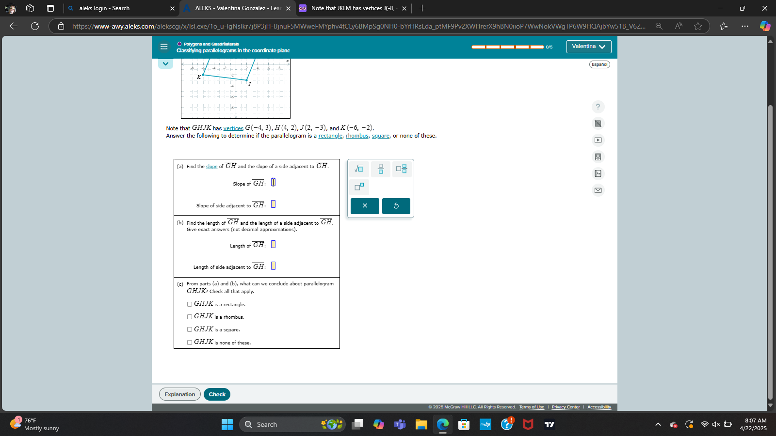 Note that $GHJK$ has vertices $G(-4, 3)$, | StudyX