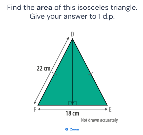 Find the area of this isosceles triangle. | StudyX