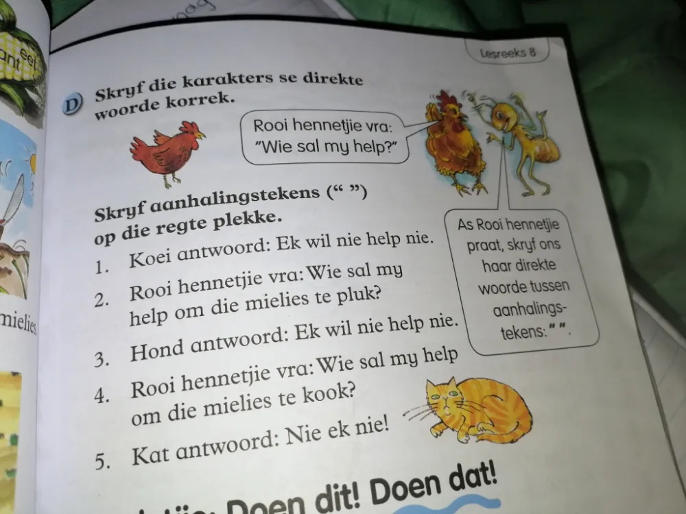 Skryf die karakters se direkte woorde