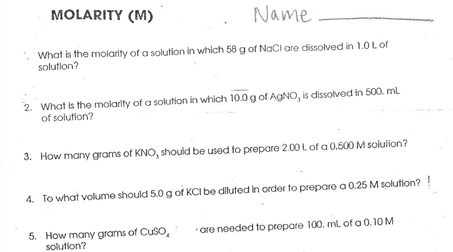 MOLARITY (M) Name $$ What is the molarity | StudyX