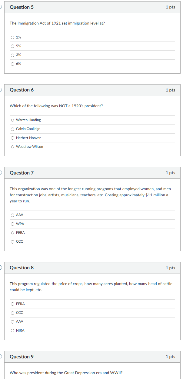 Question 5 The Immigration Act of 1921 set | StudyX