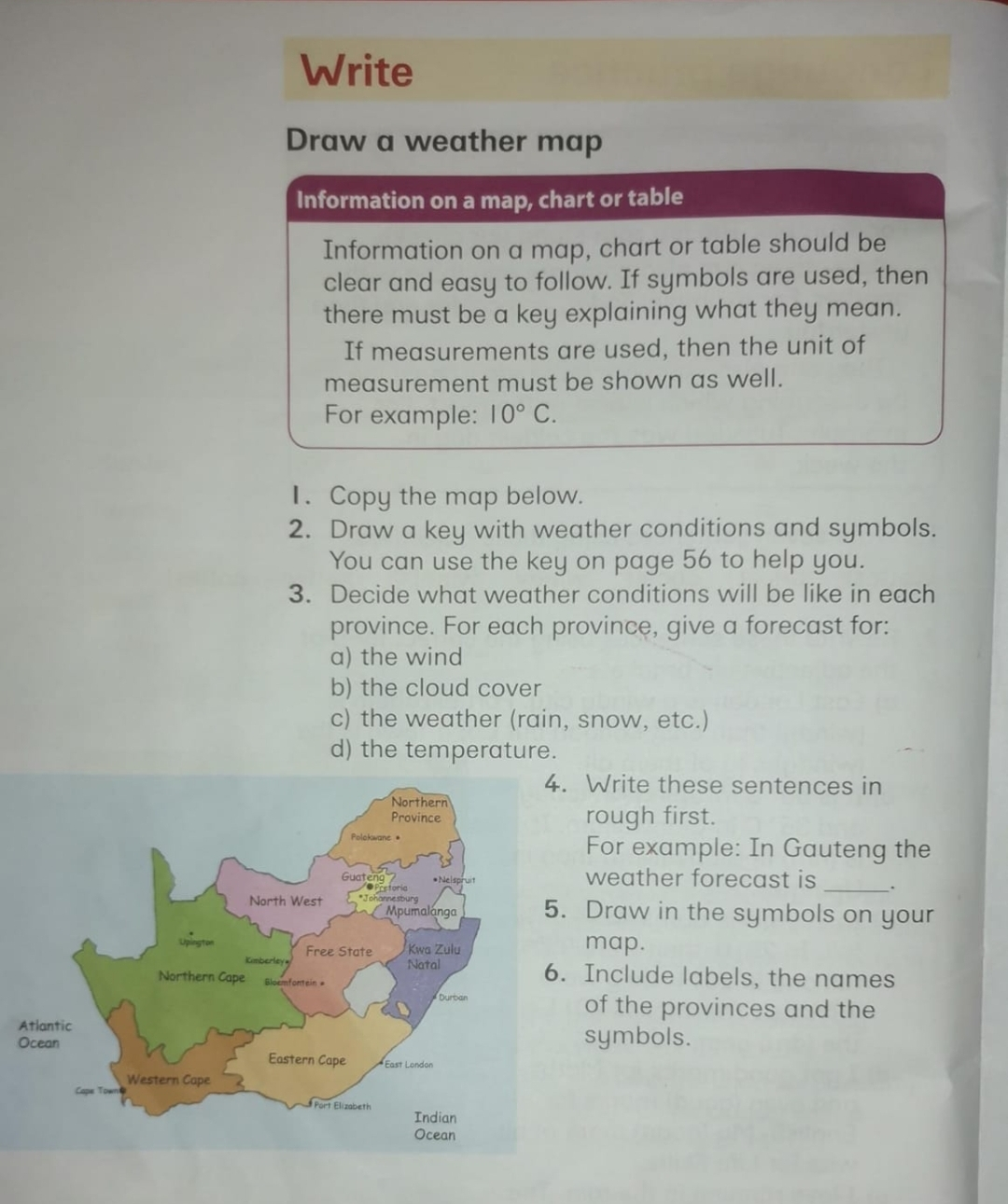 Draw a weather map Information on a map, | StudyX