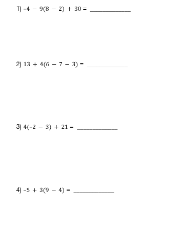 1) -4 - 9(8 - 2) + 30 = 2) 13 + 4(6 - 7 - 3)