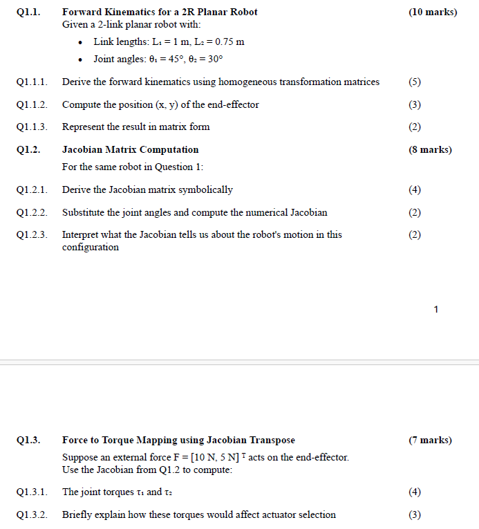 Q1.1. Forward Kinematics for a 2R Planar | StudyX