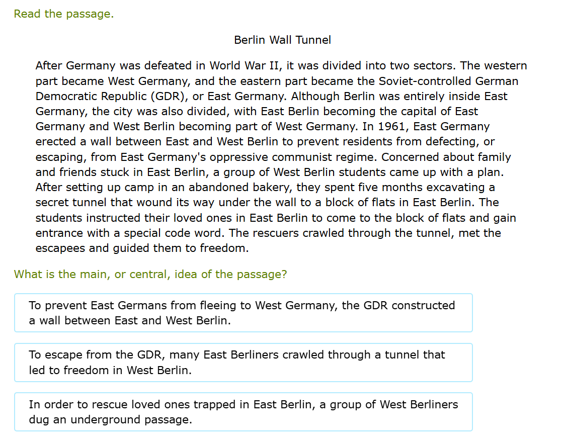 Read the passage. Berlin Wall Tunnel After | StudyX