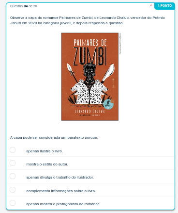 Observe a capa do romance Palmares de Zumbl, | StudyX